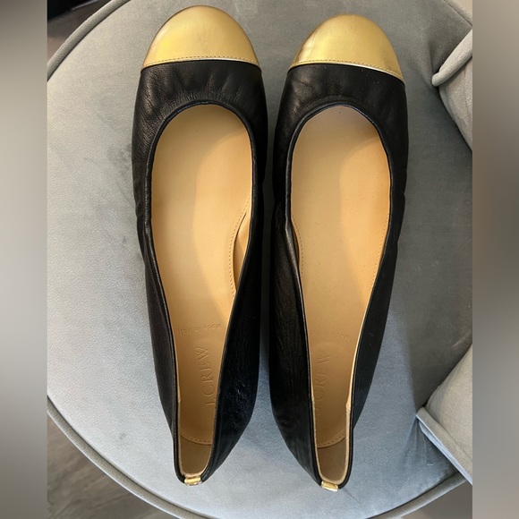 J. Crew | Shoes | Sale Jcrew Black Leather Gold Cap Toe Ballet Flats ...